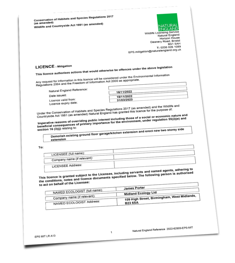 European Protected Species Licence Application - Midland Ecology